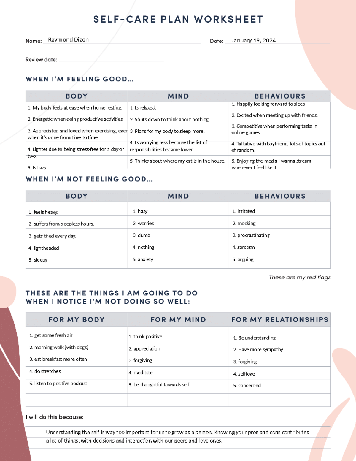 05 Task Performance - Raymond Dizon January 19, 2024 1. My body feels ...