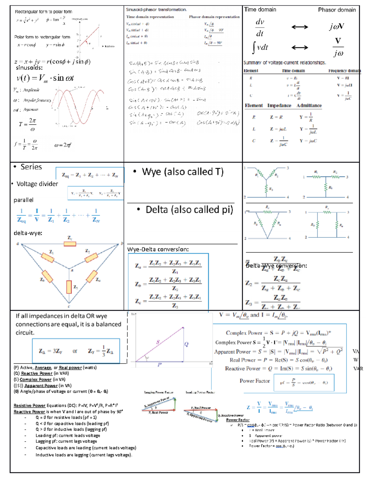 Test 1 EQN Sheet AC Circuits edited final - sinusoids: parallel delta ...