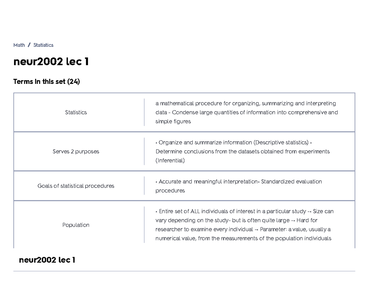 Neur2002 lec 1 notes - neur2002 lec 1 Math Statistics Terms in this set ...