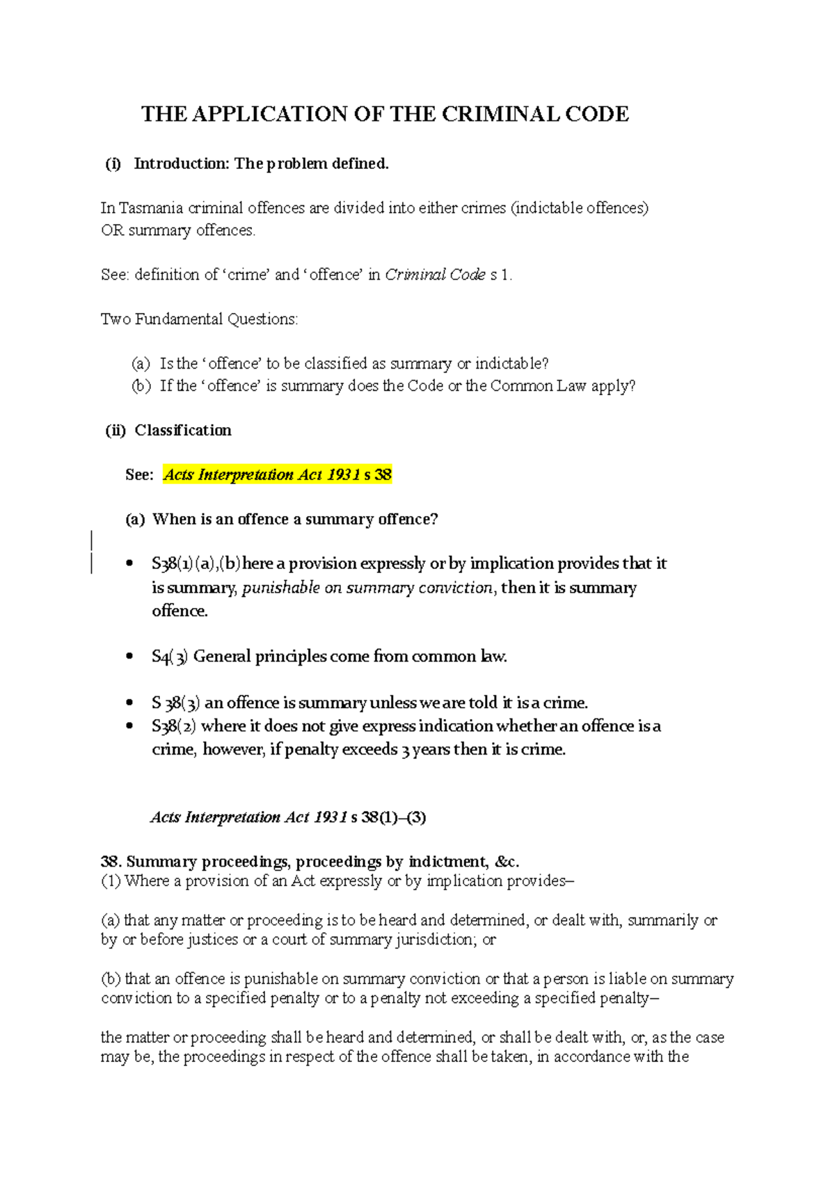 Application Of The Criminal Code THE APPLICATION OF THE CRIMINAL CODE