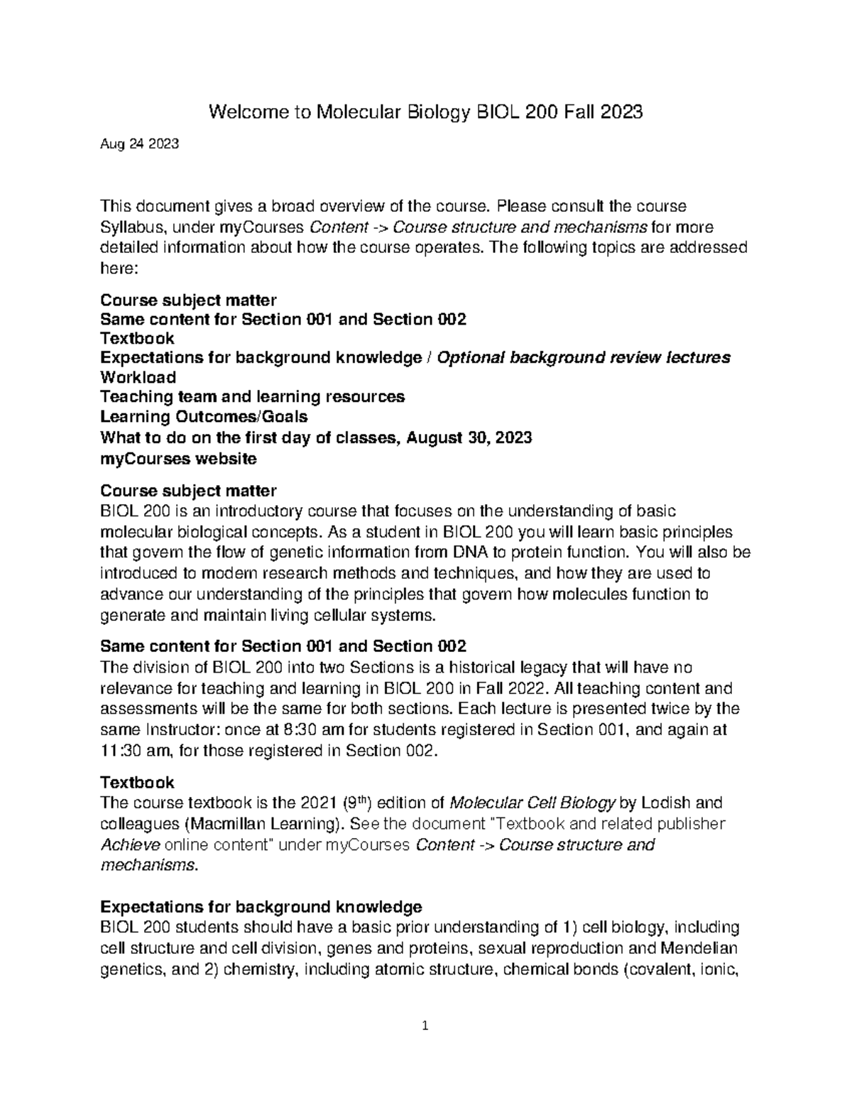 Welcome doc 2023 - Welcome to Molecular Biology BIOL 200 Fall 2023 Aug 24 2023 This document ...