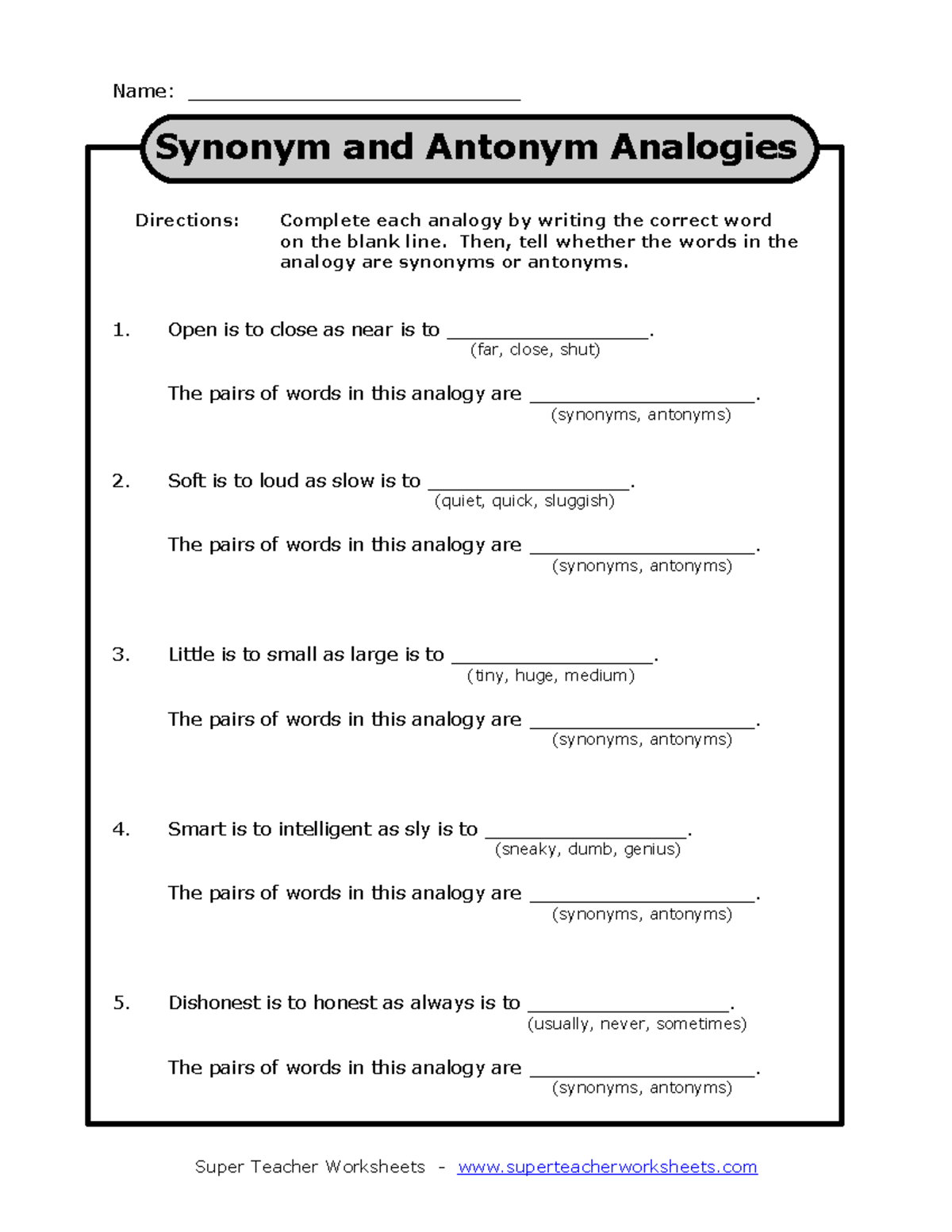 Analogies - Practice - Name: ____________________________ Synonym and ...