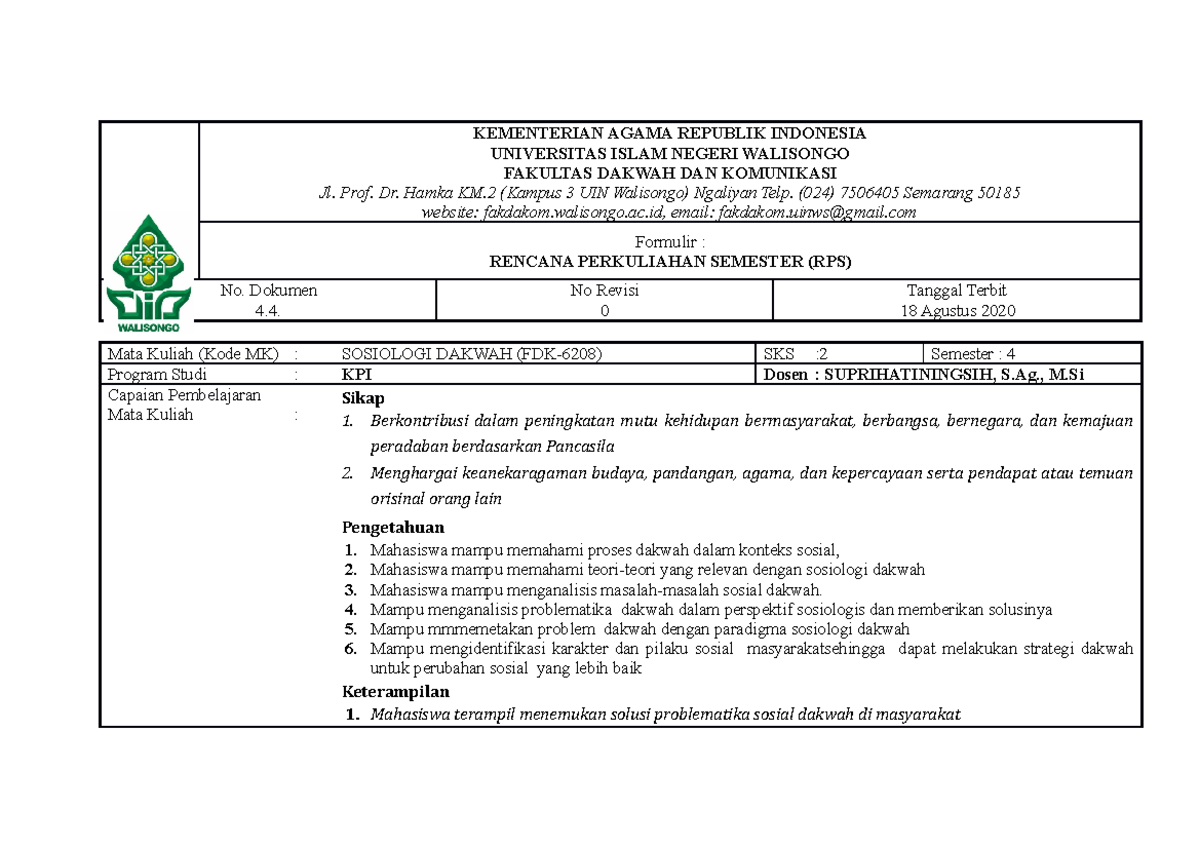 RPS sosiologi dakwah - KEMENTERIAN AGAMA REPUBLIK INDONESIA UNIVERSITAS ...