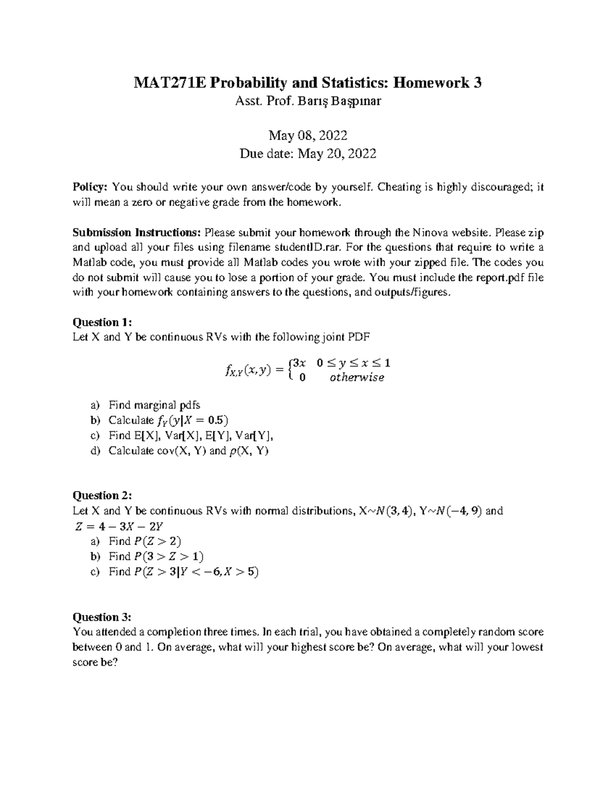 MAT271 Homework 3 - MAT271E Probability and Statistics: Homework 3 Asst ...