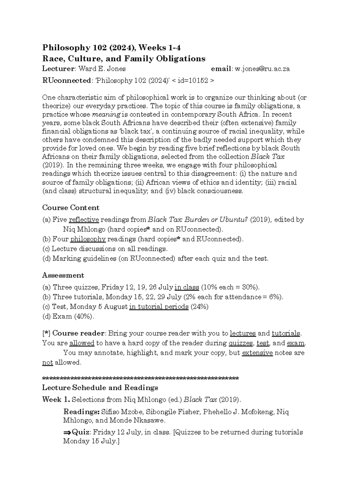 - P101 (2024) Syllabus Weeks 1-4 - Philosophy 102 (2024), Weeks 1- 4 ...
