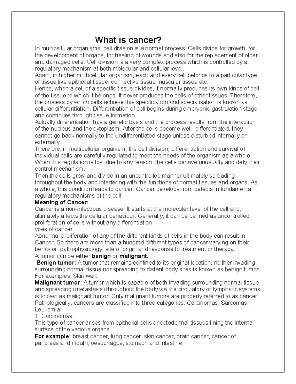 Cancer notes - What is cancer? In multicellular organisms, cell ...