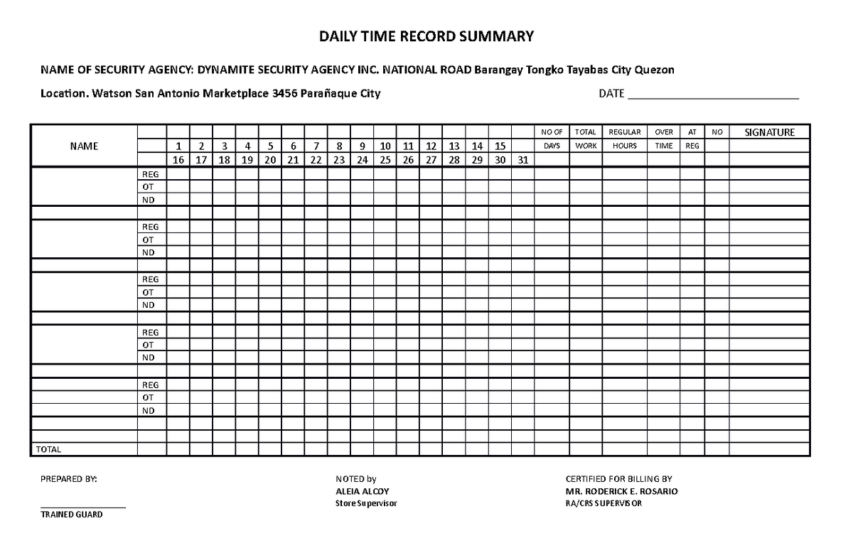 Watson DTR - short story - DAILY TIME RECORD SUMMARY NAME OF SECURITY ...