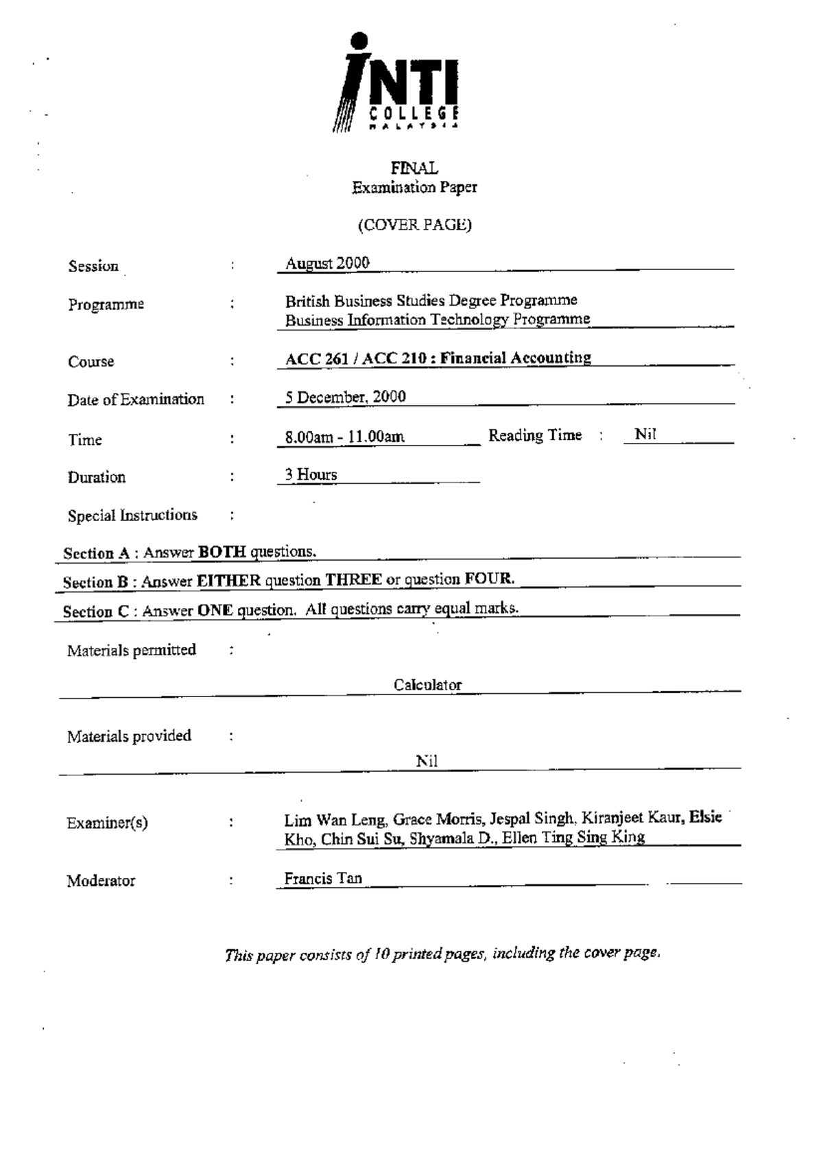 (ACC261)AUG2000 - PAST YEAR - Financial Accounting - Studocu