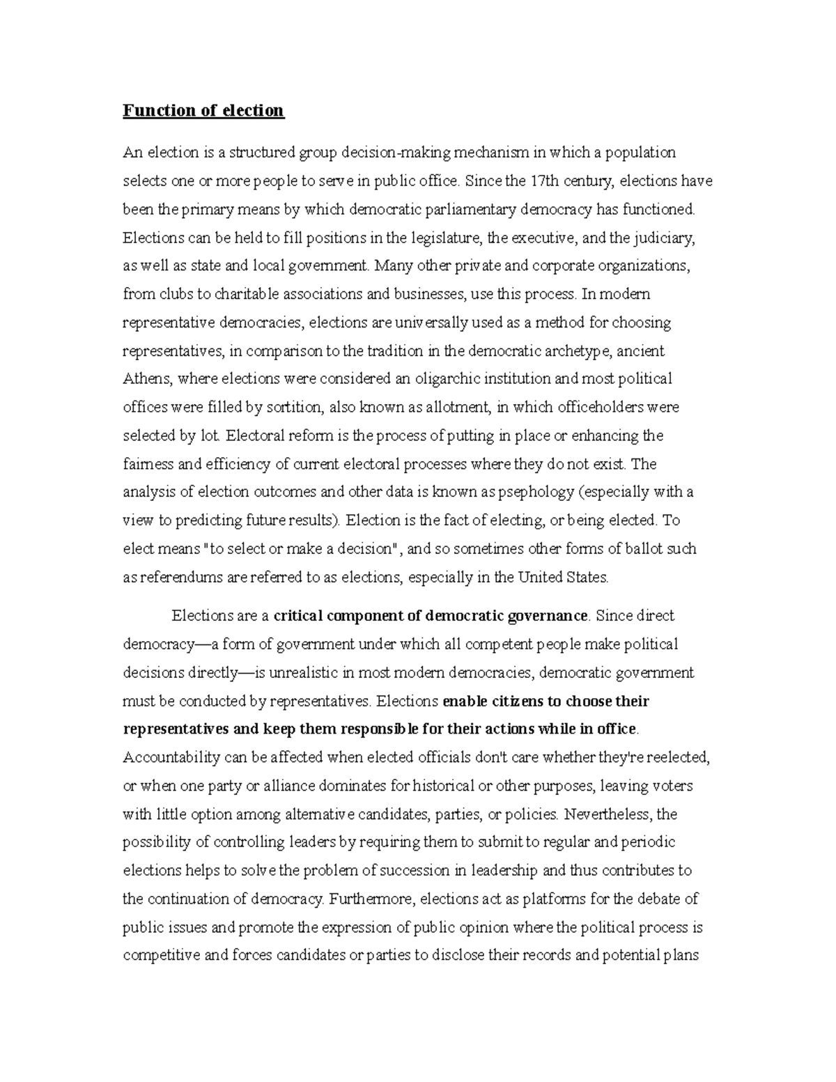 Function of election - notes - Function of election An election is a ...
