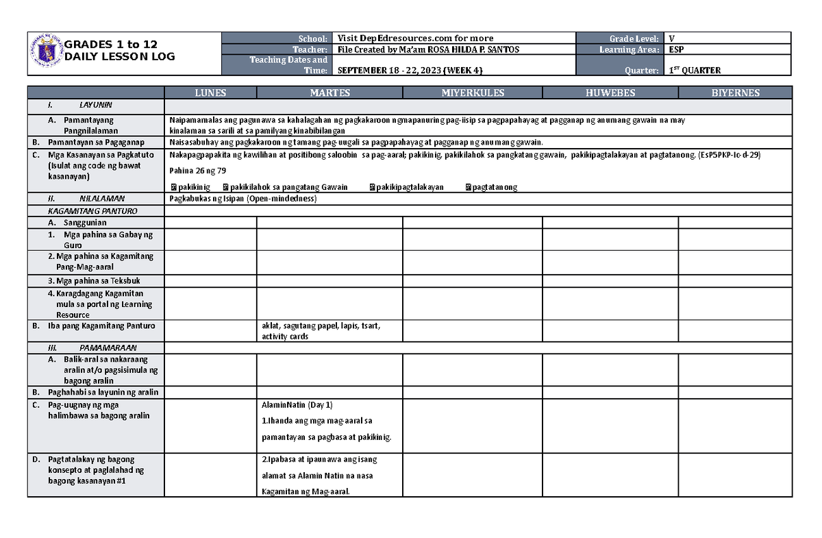 DLL ESP 5 Q1 W4 - GRADES 1 to 12 DAILY LESSON LOG School: Visit DepEdresources for more Grade ...