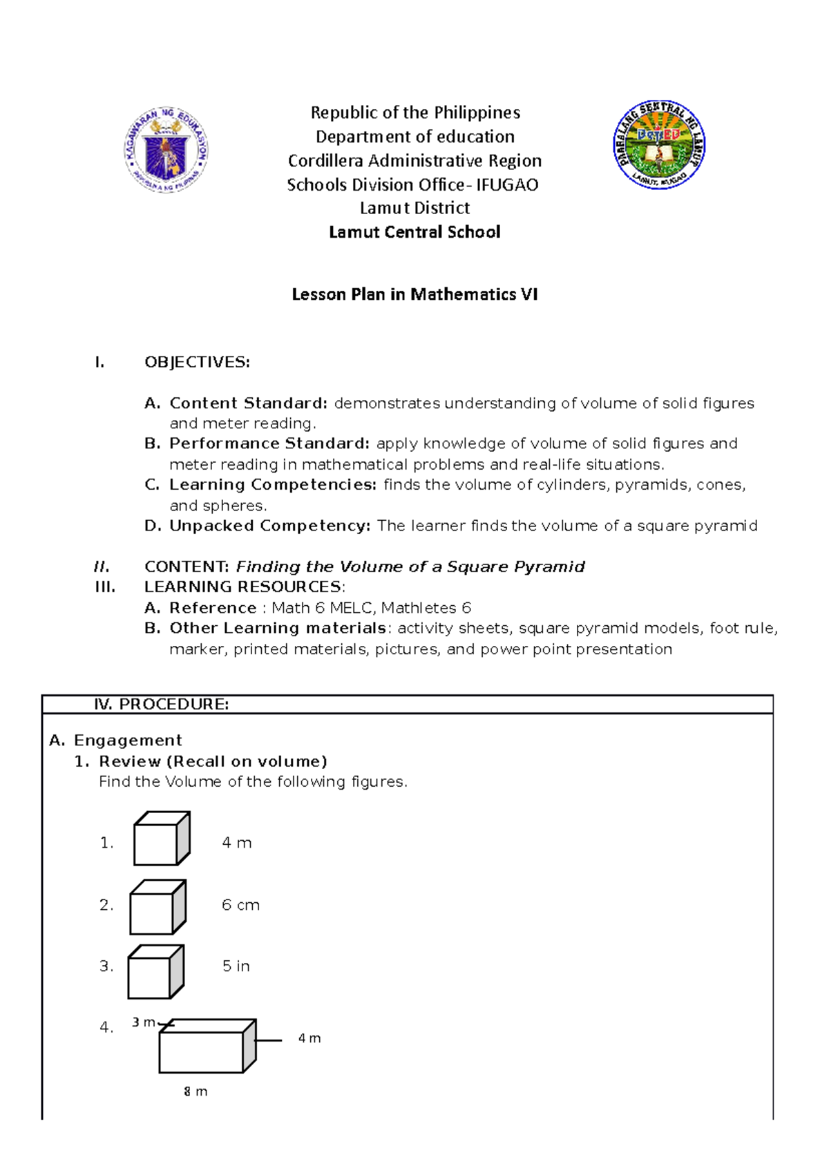 DLP (square pyramid) - Lesson Plan - Republic of the Philippines ...