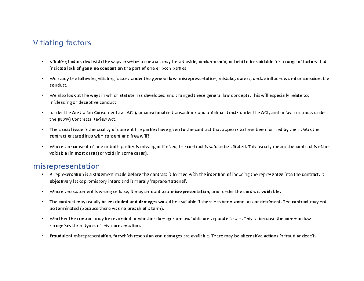 Contract law weeks 7-9 lecture slide notes - Vitiating factors ...