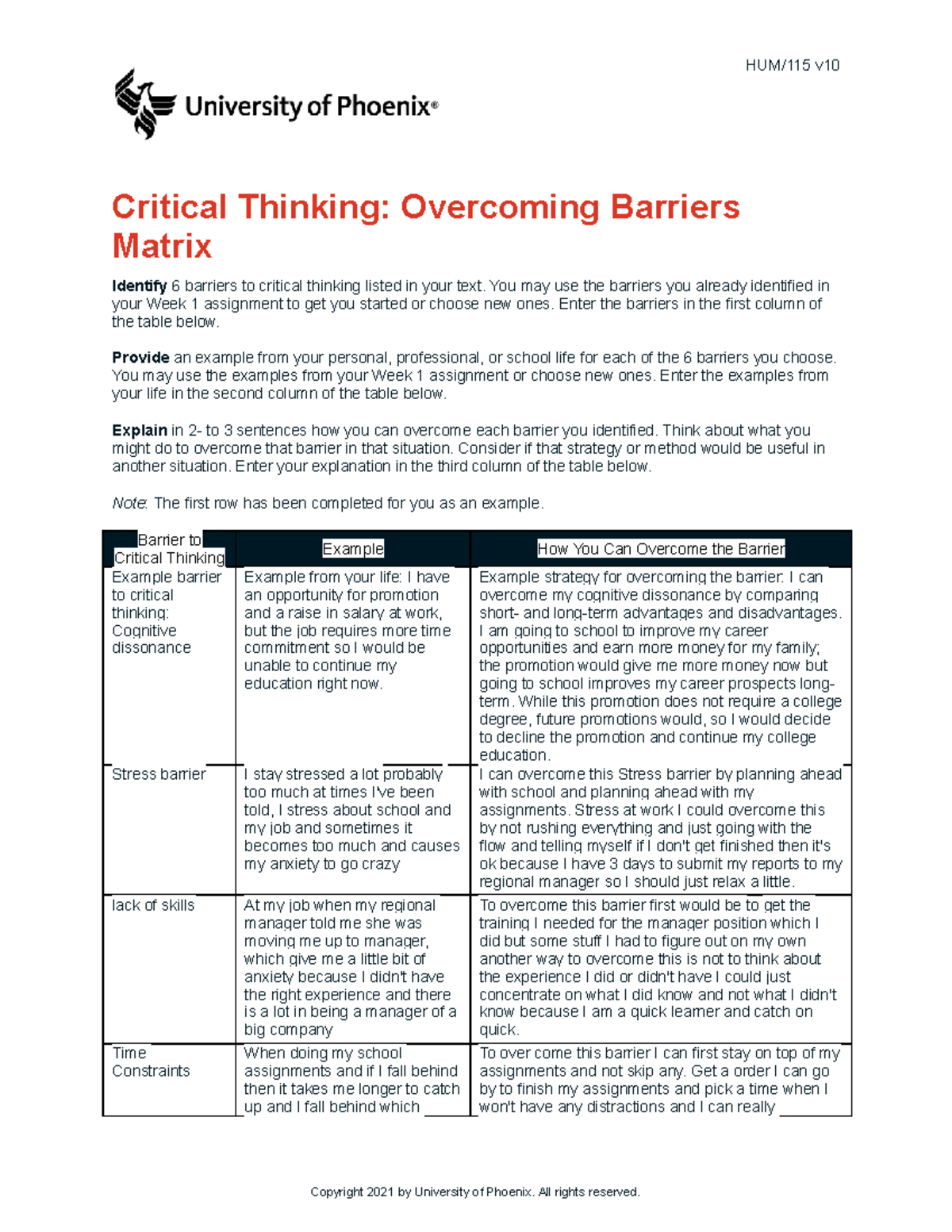 Completed assignments - HUM/115 v Critical Thinking: Overcoming ...