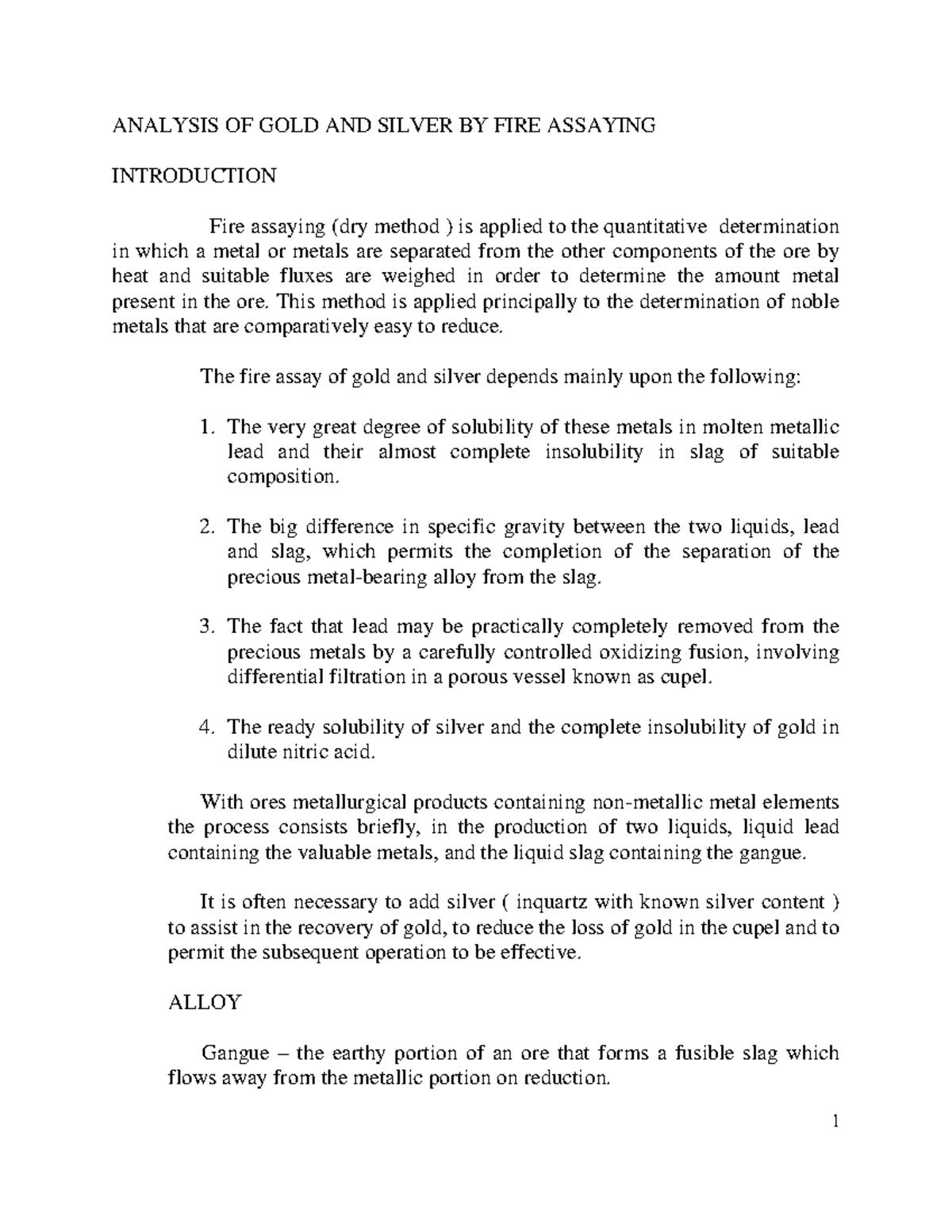 Analysis of Gold and Silver by Fire Assaying - ANALYSIS OF GOLD AND ...