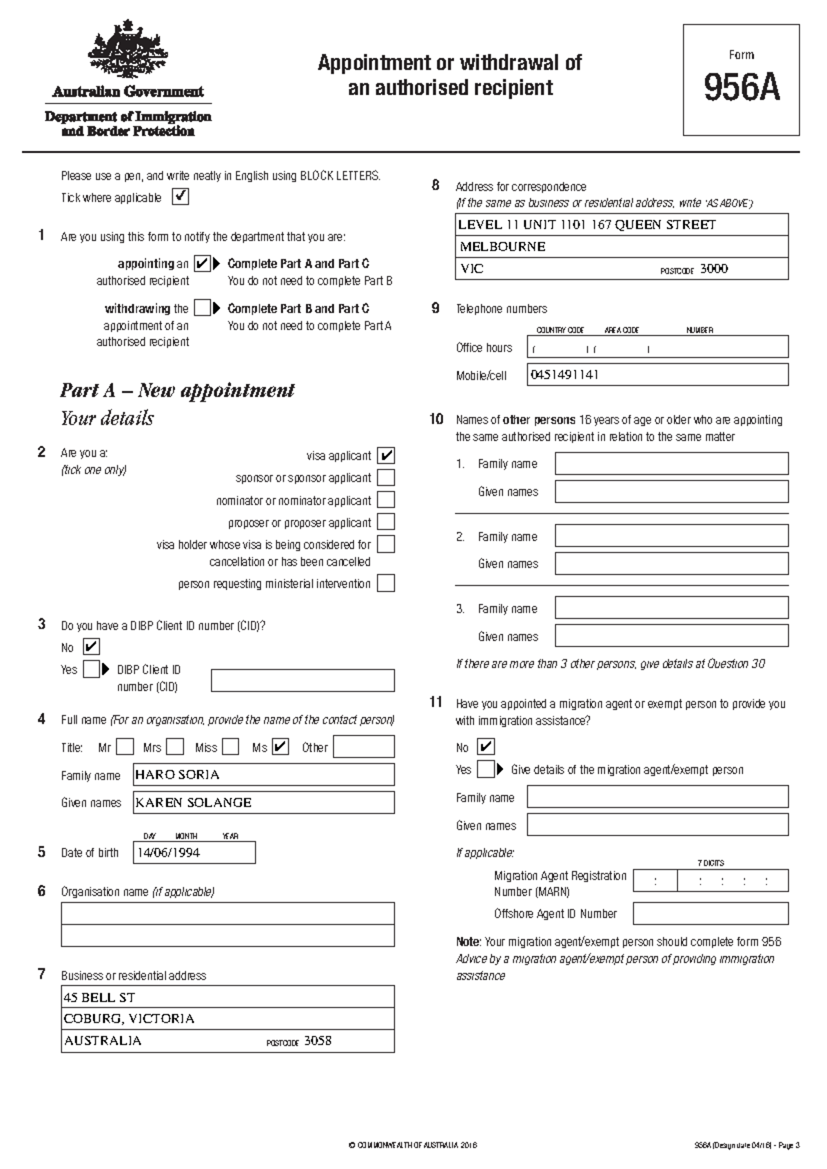 FORM 956A Karen Solange HARO Soria - © COMMONWEALTH OF AUSTRALIA, 2016 ...
