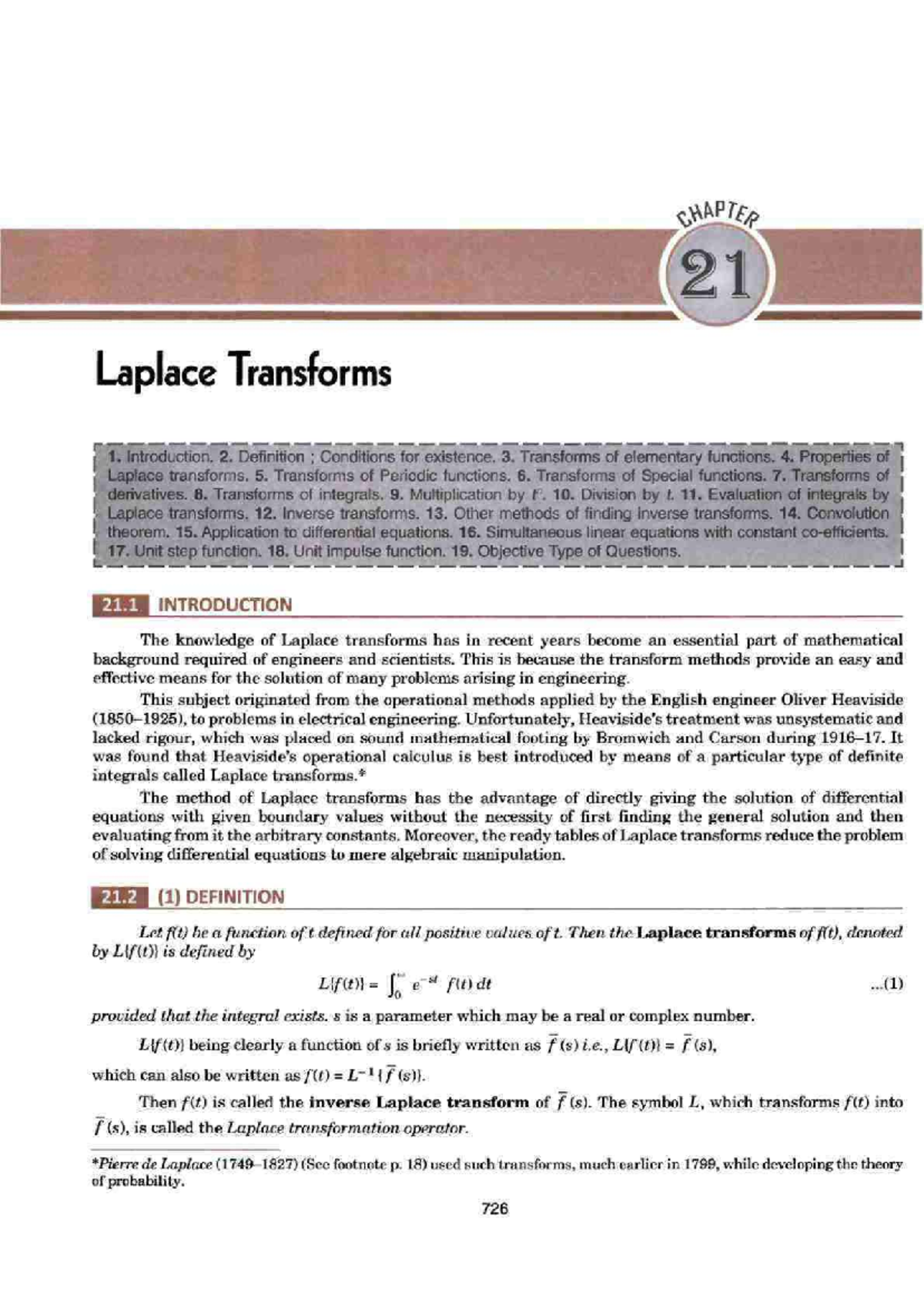 Laplace Transform - Introduction. 2. Definition Conditions for existence. 3. Transforms of - Studocu