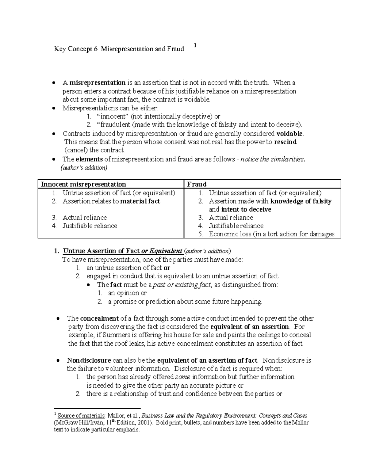Business law tutorial notes on fraud - Key Concept 6 Misrepresentation ...