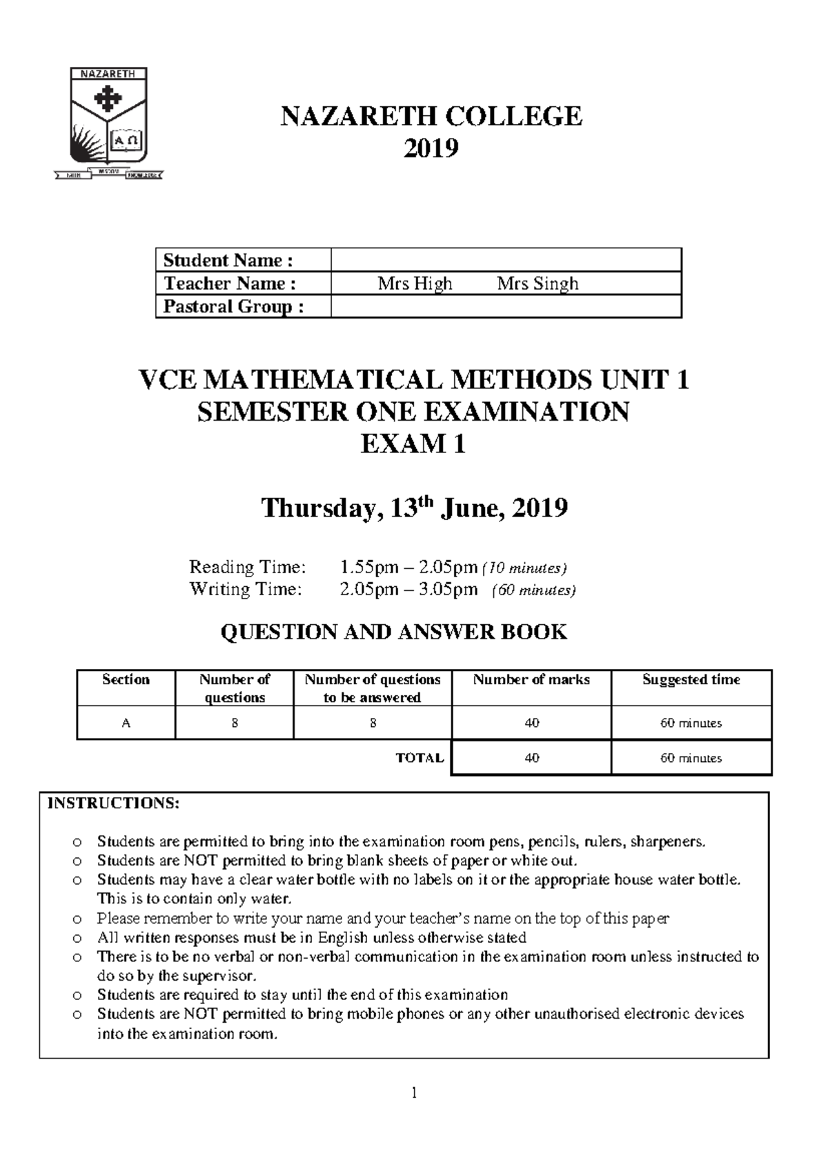 U1 MM 2019 E2 Solutions Naz - NAZARETH COLLEGE 2019 Student Name ...