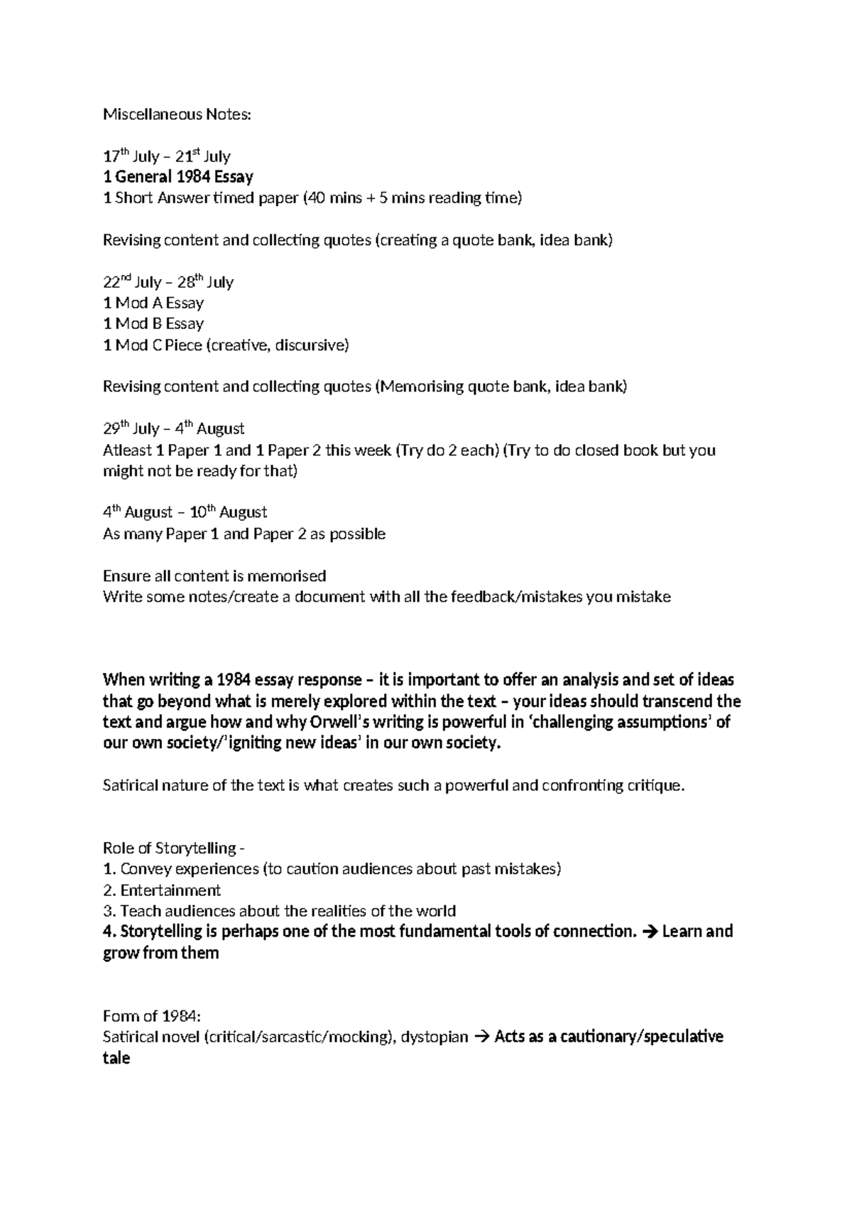 1984 Practice Questions - Miscellaneous Notes: 17 th July – 21st July 1 ...
