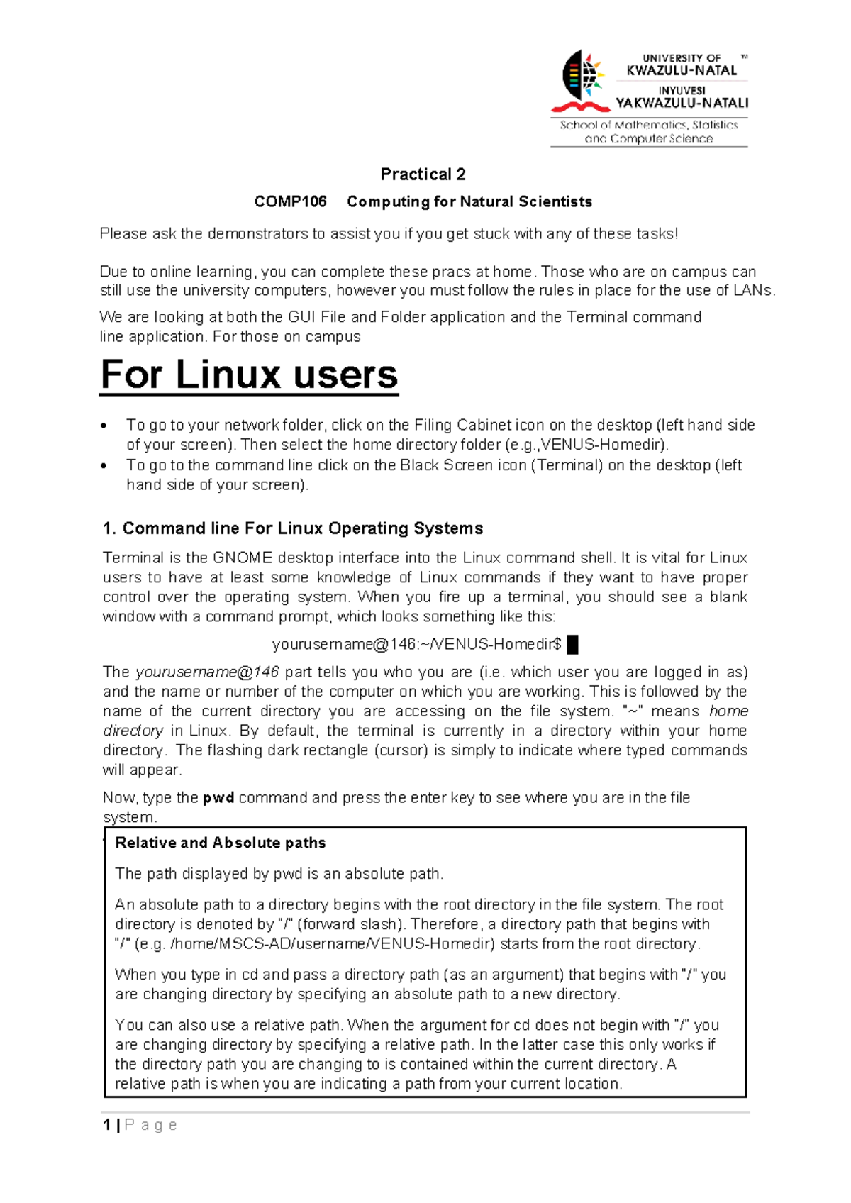 Practical 2 (Linux and windows) 2020 - Practical 2 COMP106 Computing ...