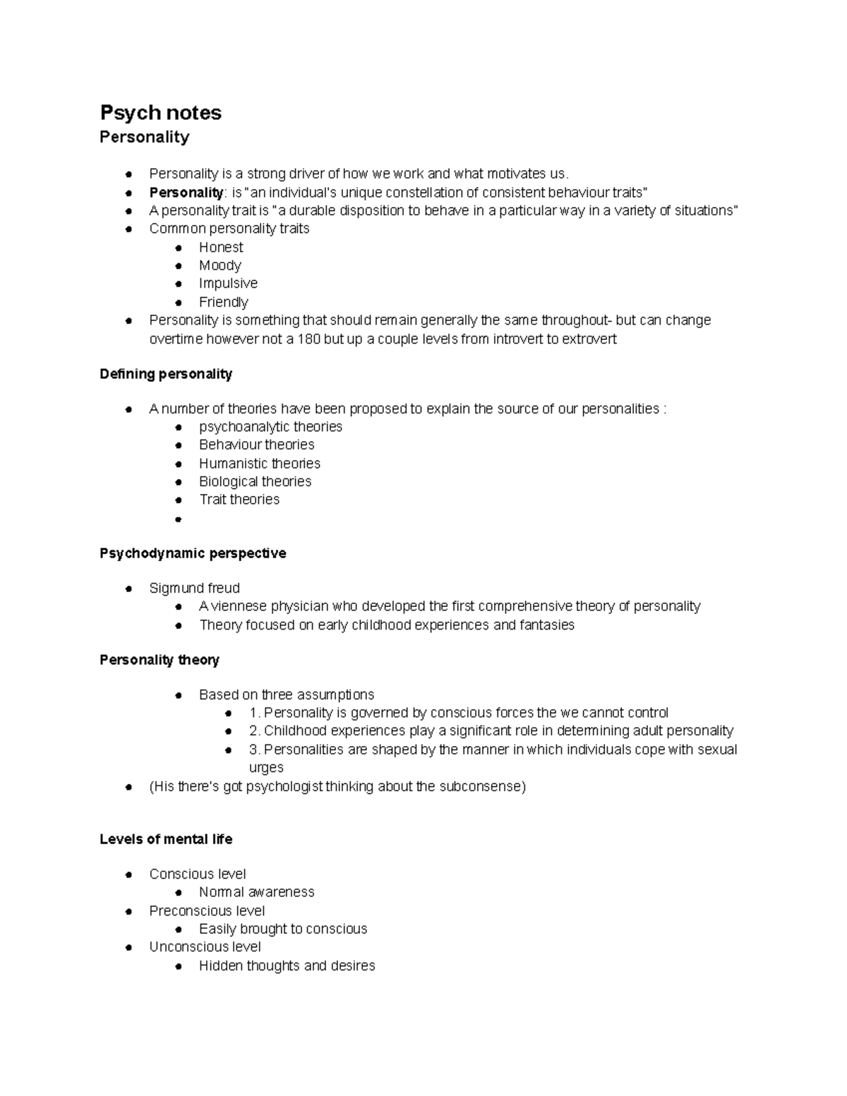 Psych notes unit 2 - Psych notes Personality Personality is a strong ...