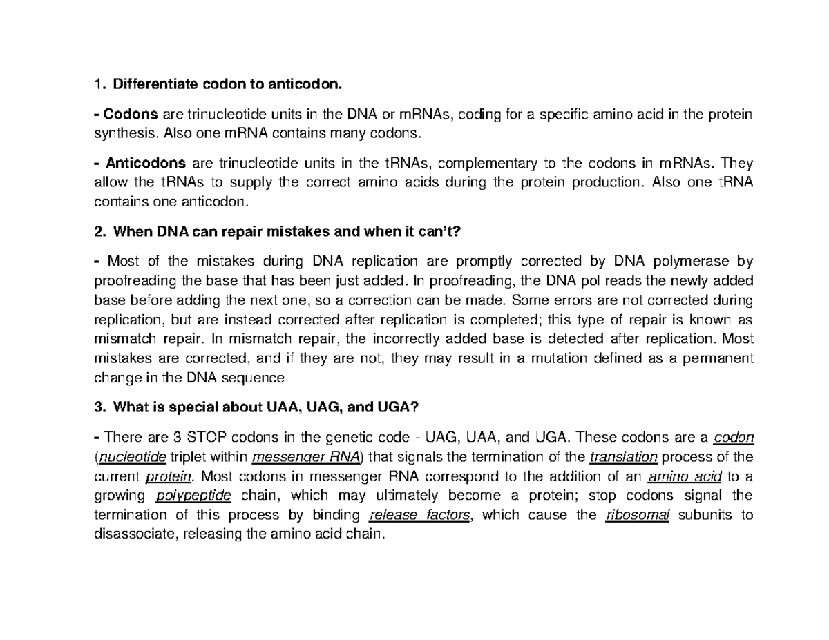 Alunan 12 Iriarte Activity 3 - 1. Differentiate codon to anticodon ...