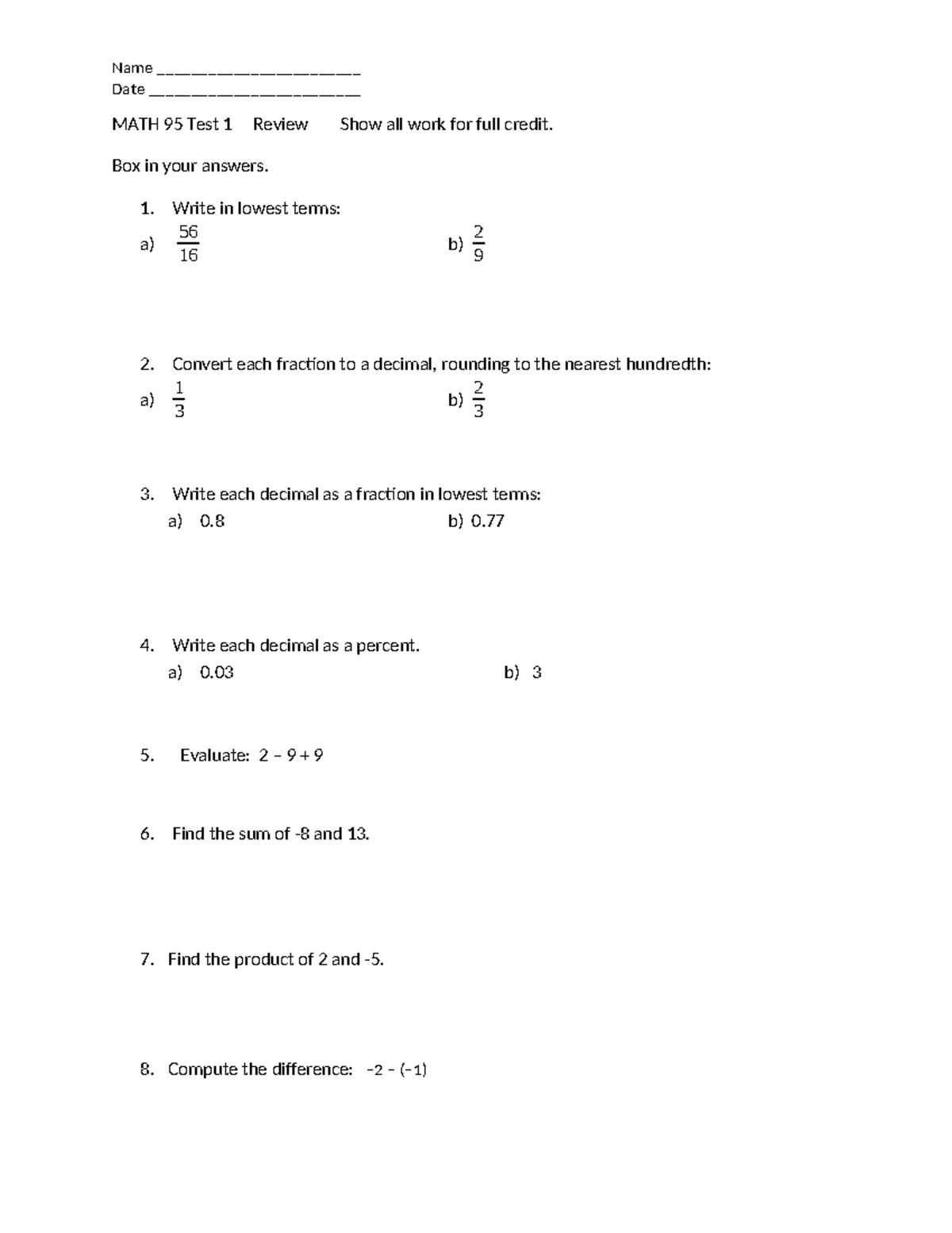 Math95 Test 1 Review - Date _________________________ MATH 95 Test 1 ...