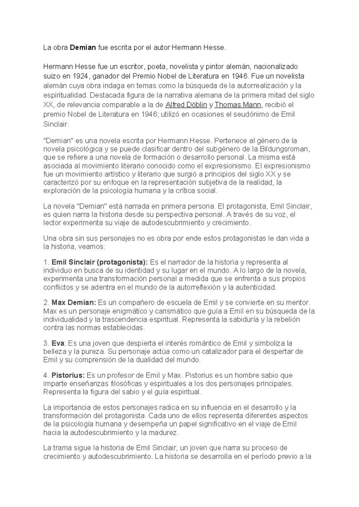 Analisis de obra sobre el libro Demian. Profesora clara de letras 2 del ...