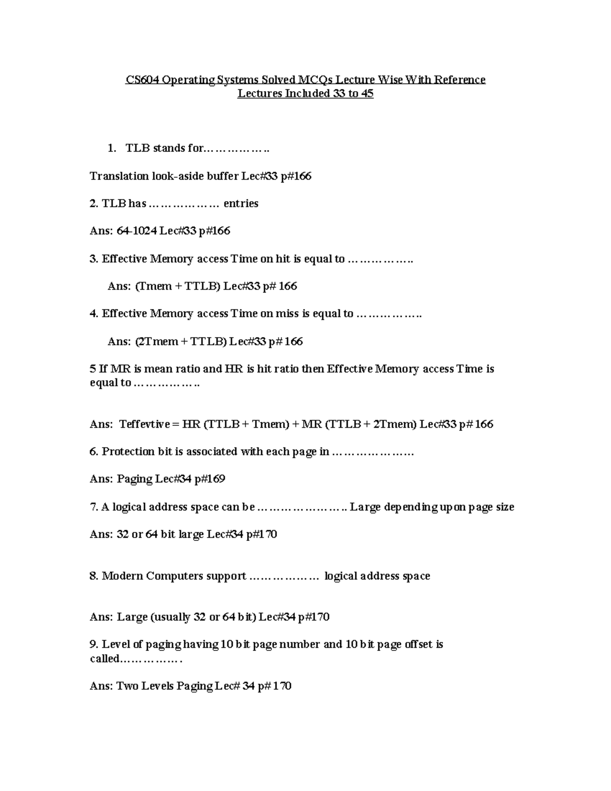 CS604Operating Systems Solved MCQs Lecture Wise 33to45With Reference - CS604 Operating Systems ...