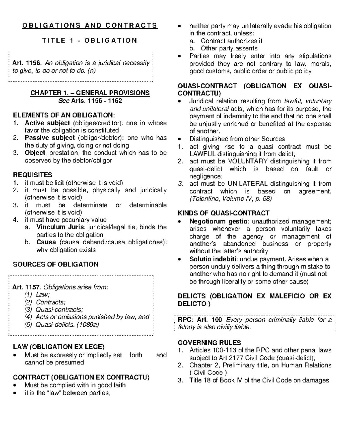 Oblicon-Reviewer - Obligation and Contracts Notes - O B L I G A T I O N ...