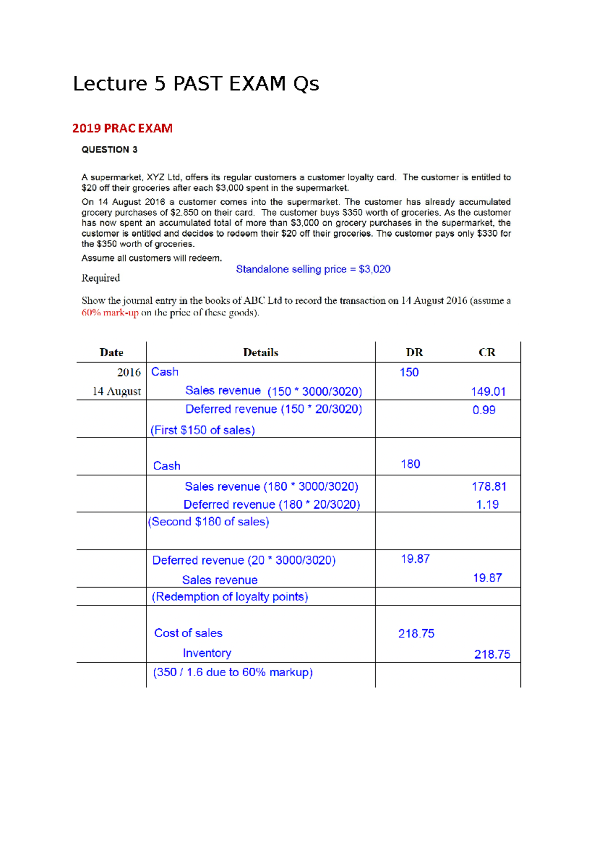 Lecture 5 PAST EXAM Qs and Solutions - Lecture 5 PAST EXAM Qs 2019 PRAC ...