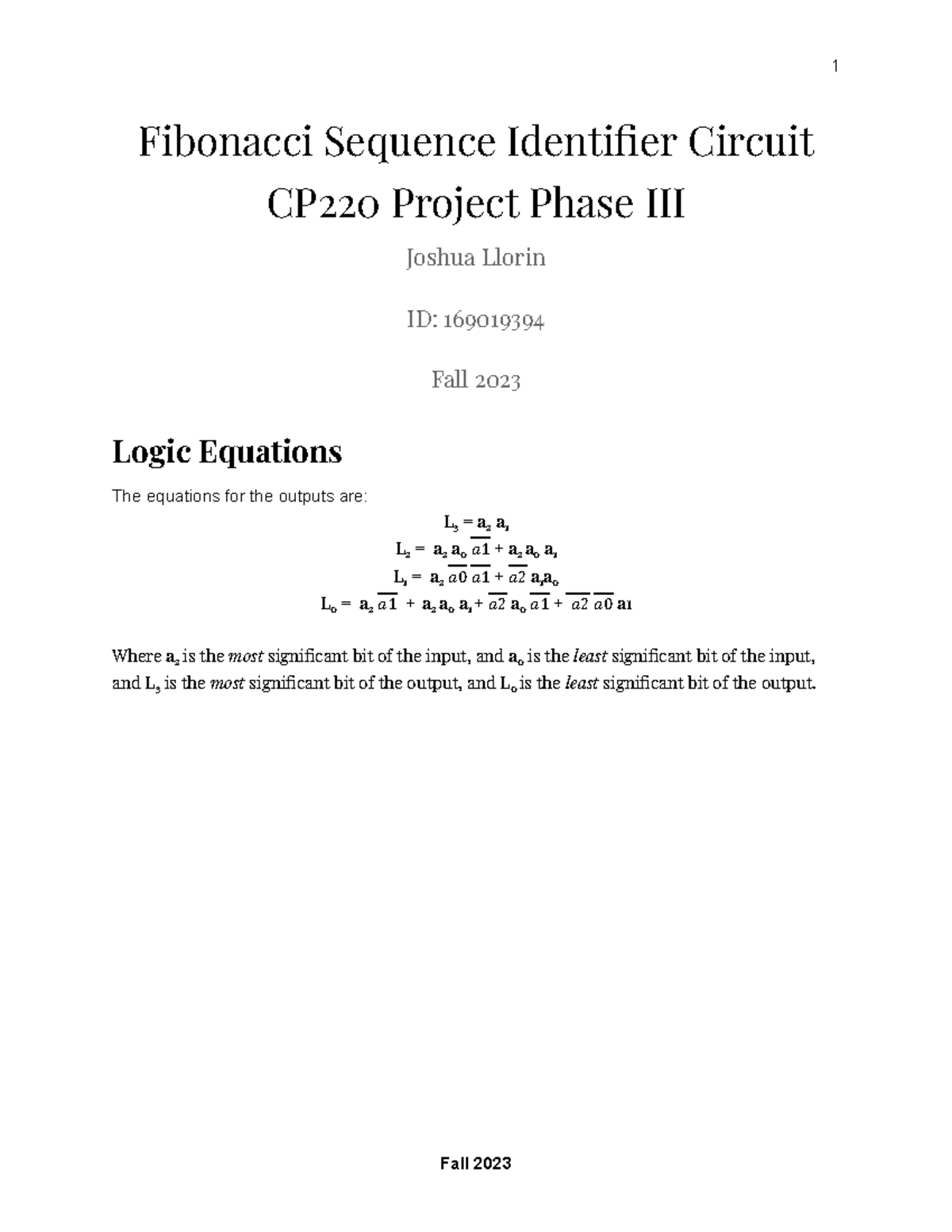 CP220 Report - Project Phase III - 1 Fibonacci Sequence Identifier Circuit CP220 Project Phase ...