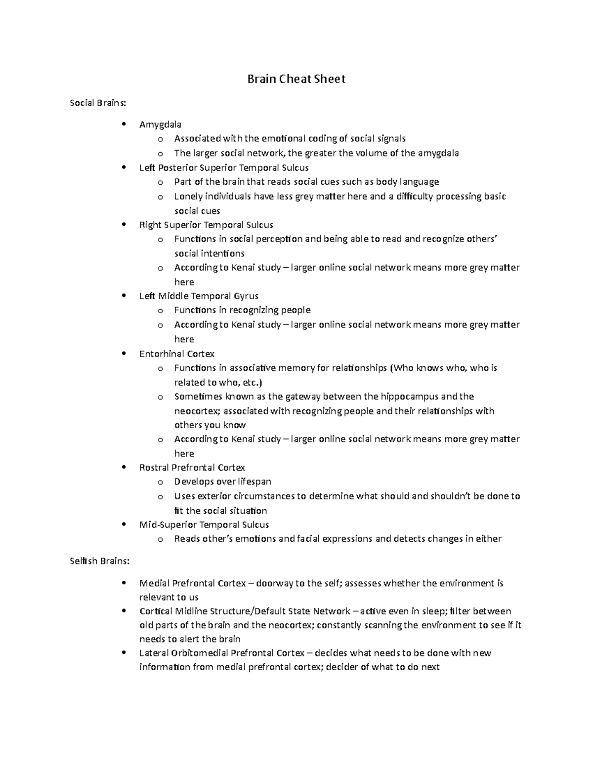 Brain Cheat Sheet - Lecture notes 1-5 - Brain Cheat Sheet Social Brains ...