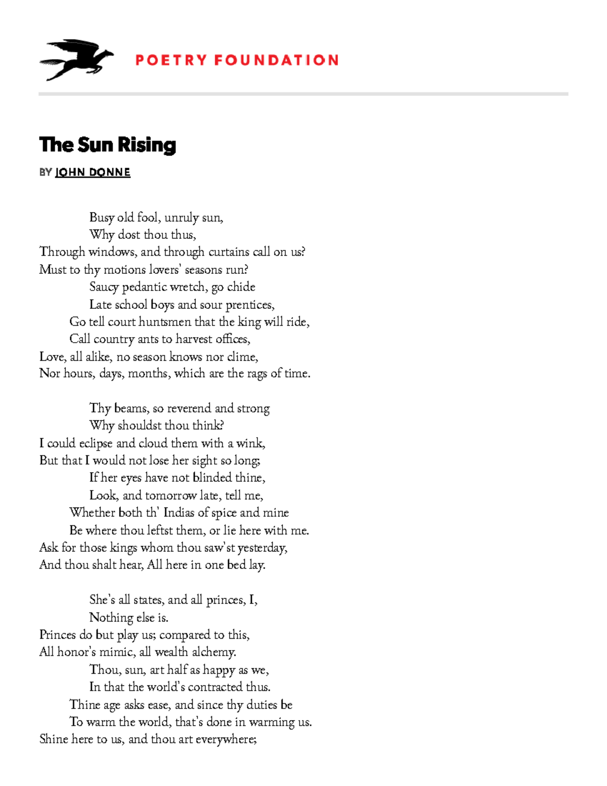 The Sun Rising by John Donne Poetry Foundation - The Sun Rising BY JOHN ...