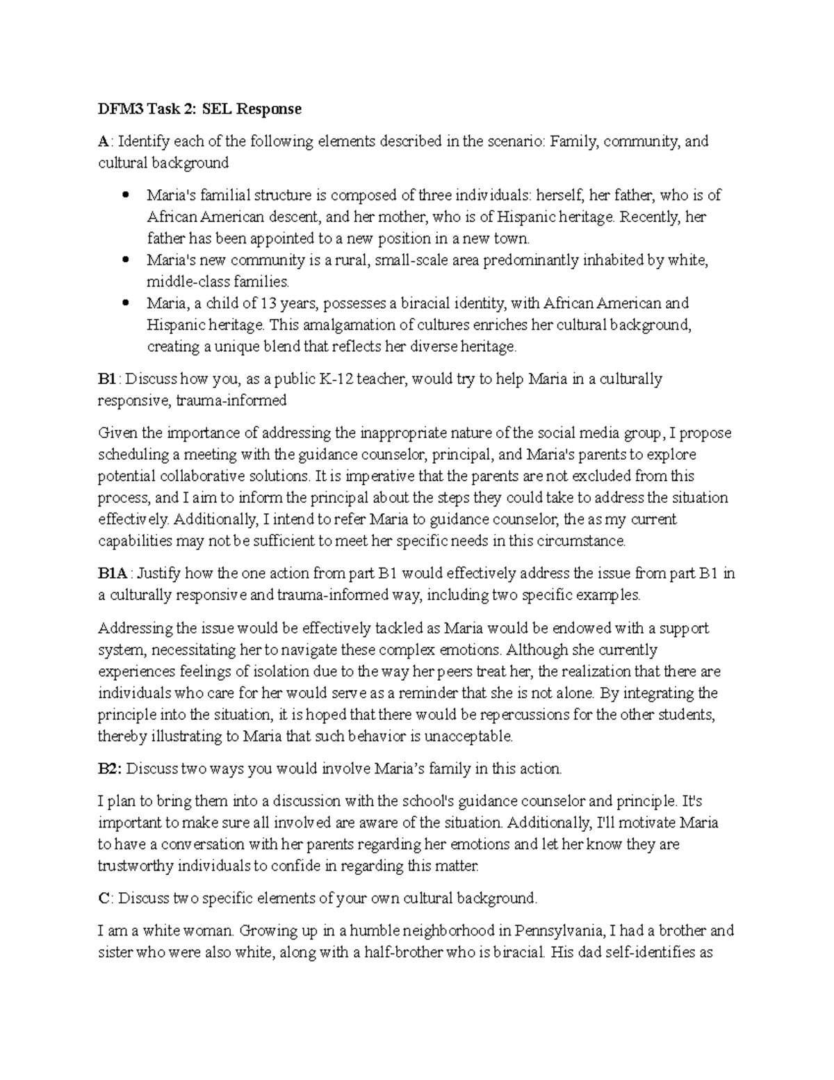 D090 Task 2 - D090 Task 2 - DFM3 Task 2: SEL Response A: Identify each ...