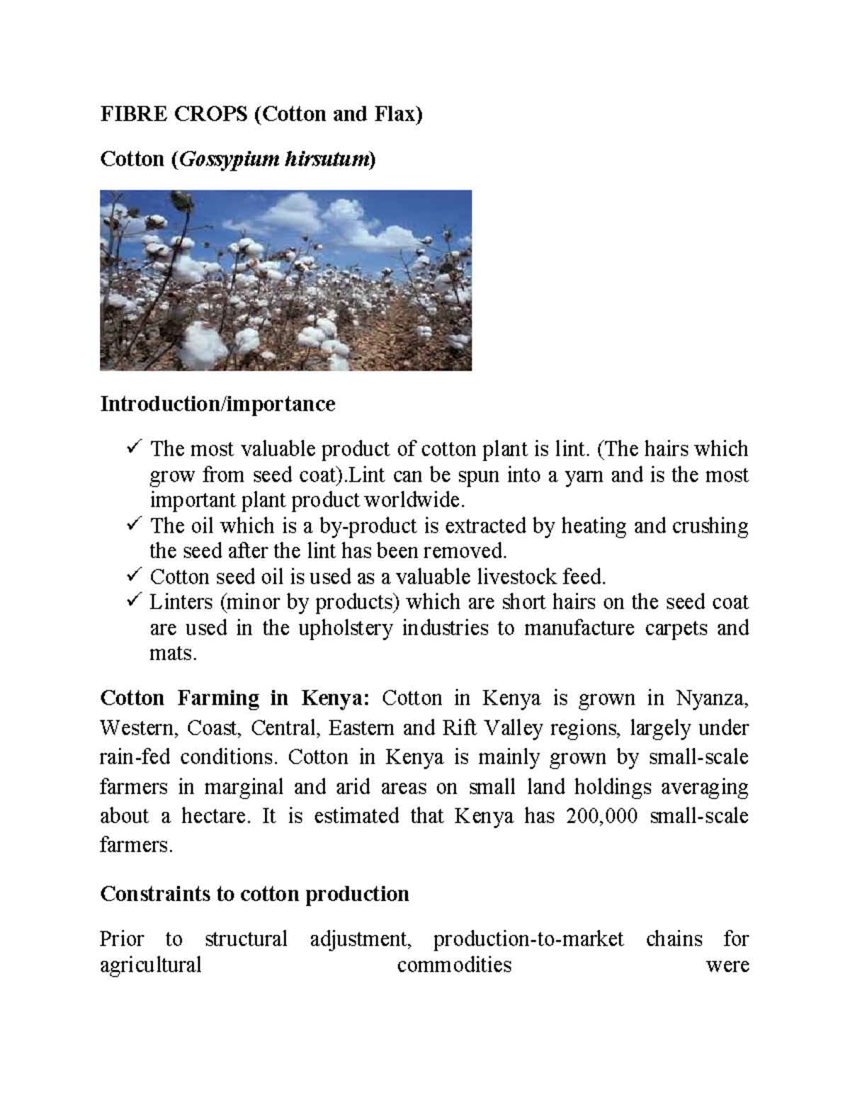 Fibre Crops cotton - Important to trainees - FIBRE CROPS (Cotton and ...