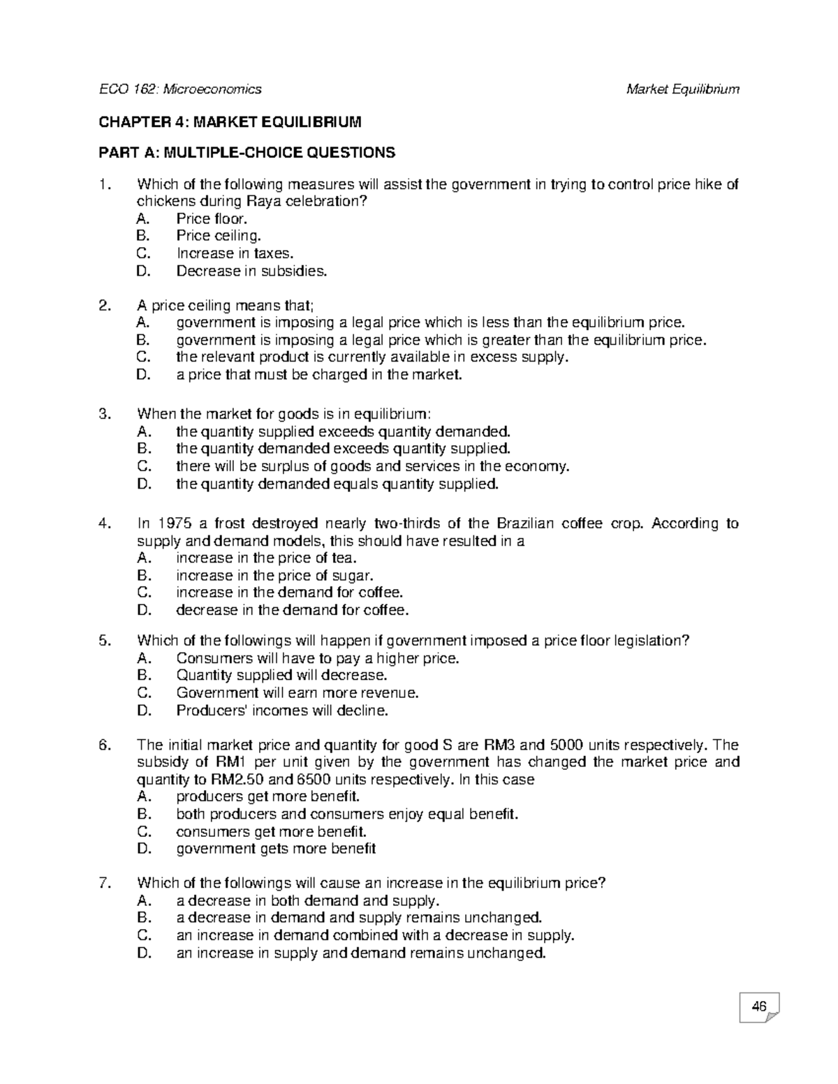 Chapter 4- Market Equilibrium- Exercise 1 ... - CHAPTER 4: MARKET ...