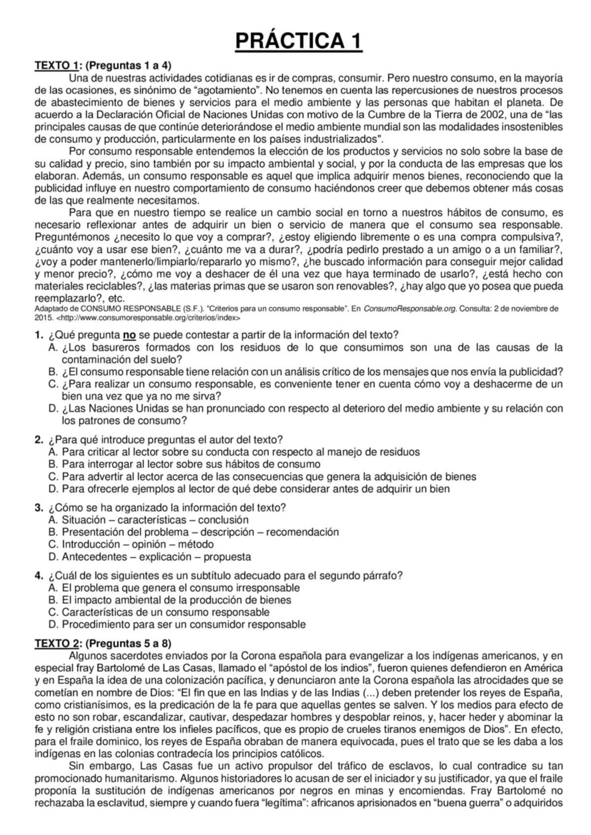 Práctica 1B - Texto con ejercicios - PRÁCTICA 1 TEXTO 1: (Preguntas 1 a 4) Una de nuestras - Studocu