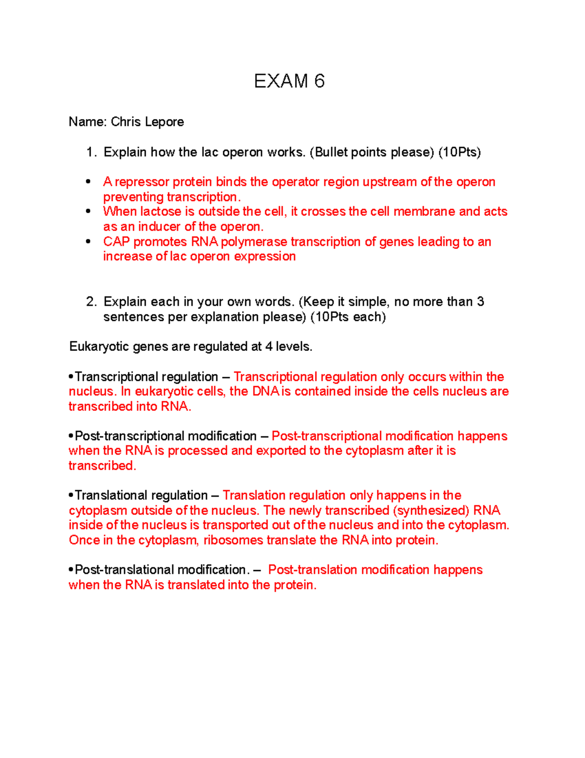 BIO EXAM 6 - Bio Exam 6 questions and answers. - EXAM 6 Name: Chris ...