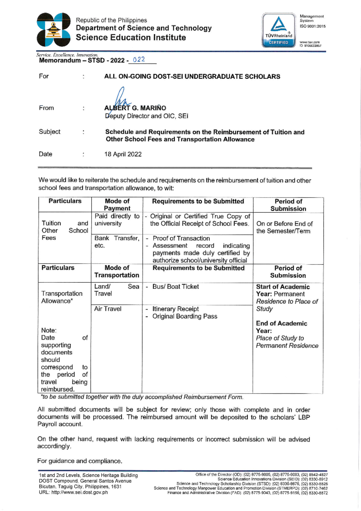MEMO-RE- Reimbursement - BS Electronics Engineering - Studocu
