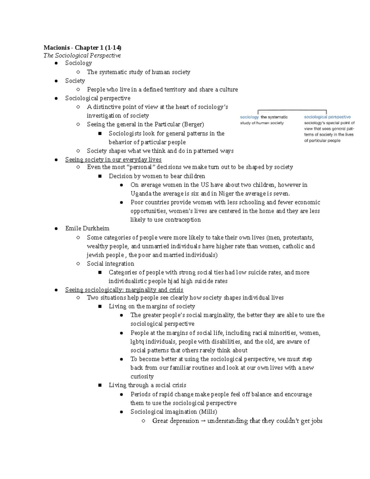Readings notes for exam 1 - Macionis - Chapter 1 (1-14) The ...