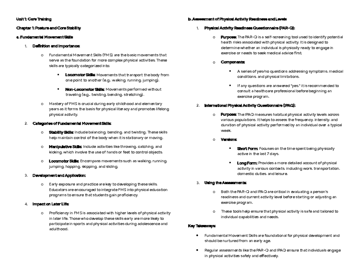 Pathfit ASS 1 - ranhdom - Unit 1: Core Training Chapter 1: Posture and Core Stability a ...