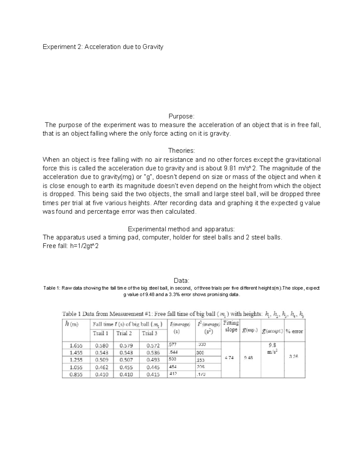 Exp 2 - exp 2.pdf - Experiment 2: Acceleration due to Gravity Lab Date:1/26/ Report Date:1/26 ...