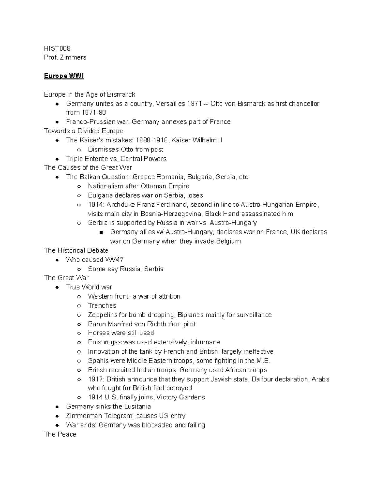 HIST008 Europe WWI Notes - HIST008 Prof. Zimmers Europe WWI Europe in ...
