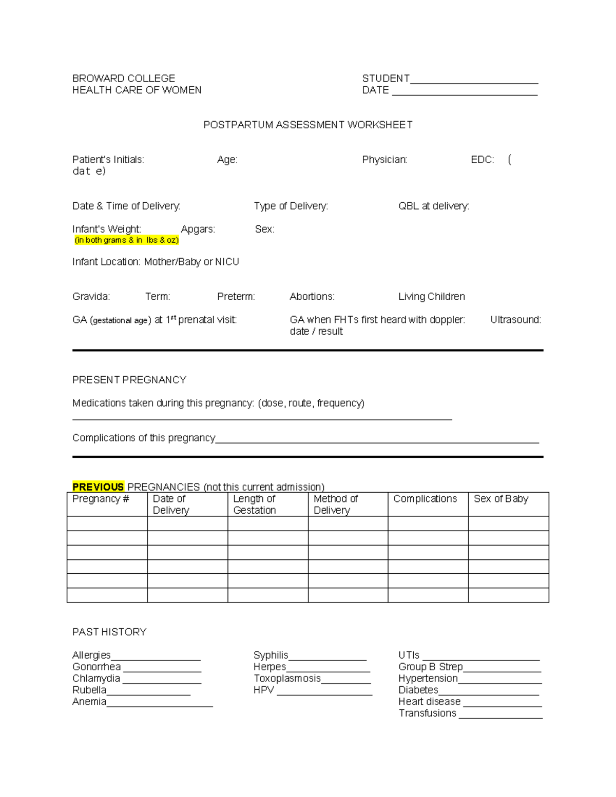 Postpartum Assessment Worksheet - BROWARD COLLEGE STUDENT ...