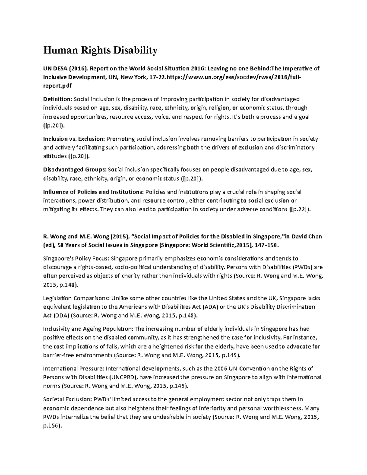 CC3 Required Readings Summary - Human Rights Disability UN DESA (2016 ...