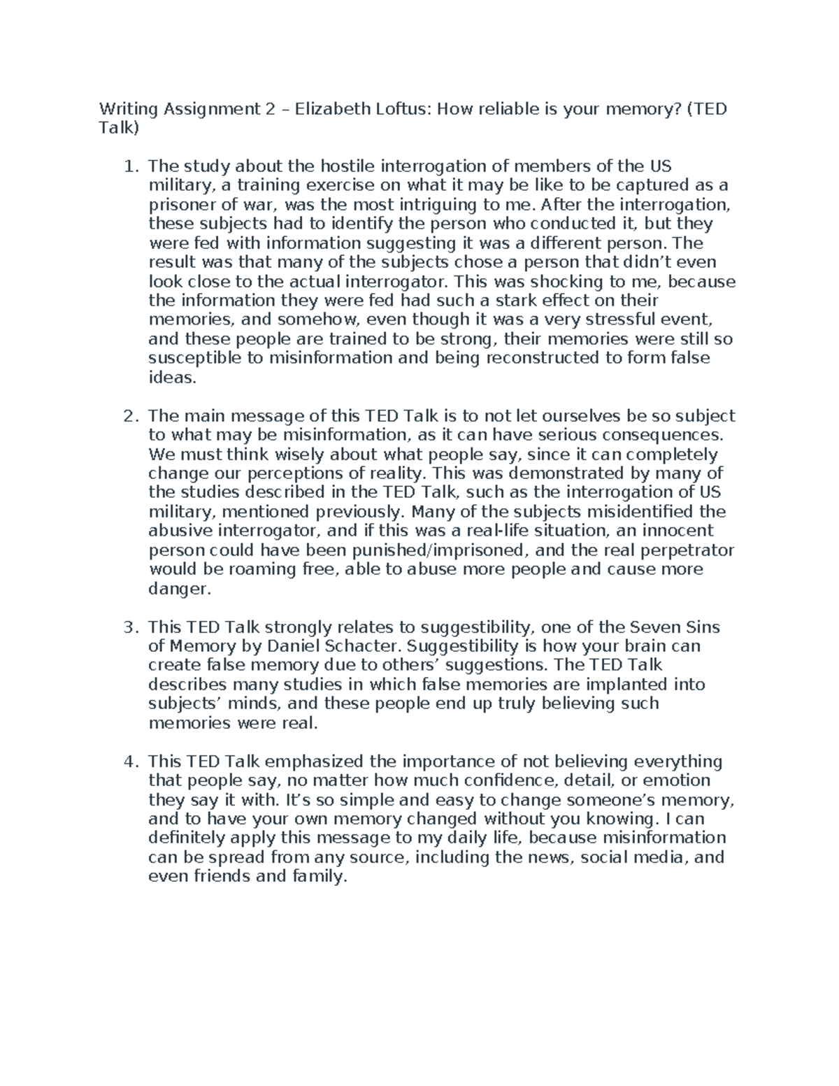 Writing assignment 2 - Writing Assignment 2 – Elizabeth Loftus: How ...