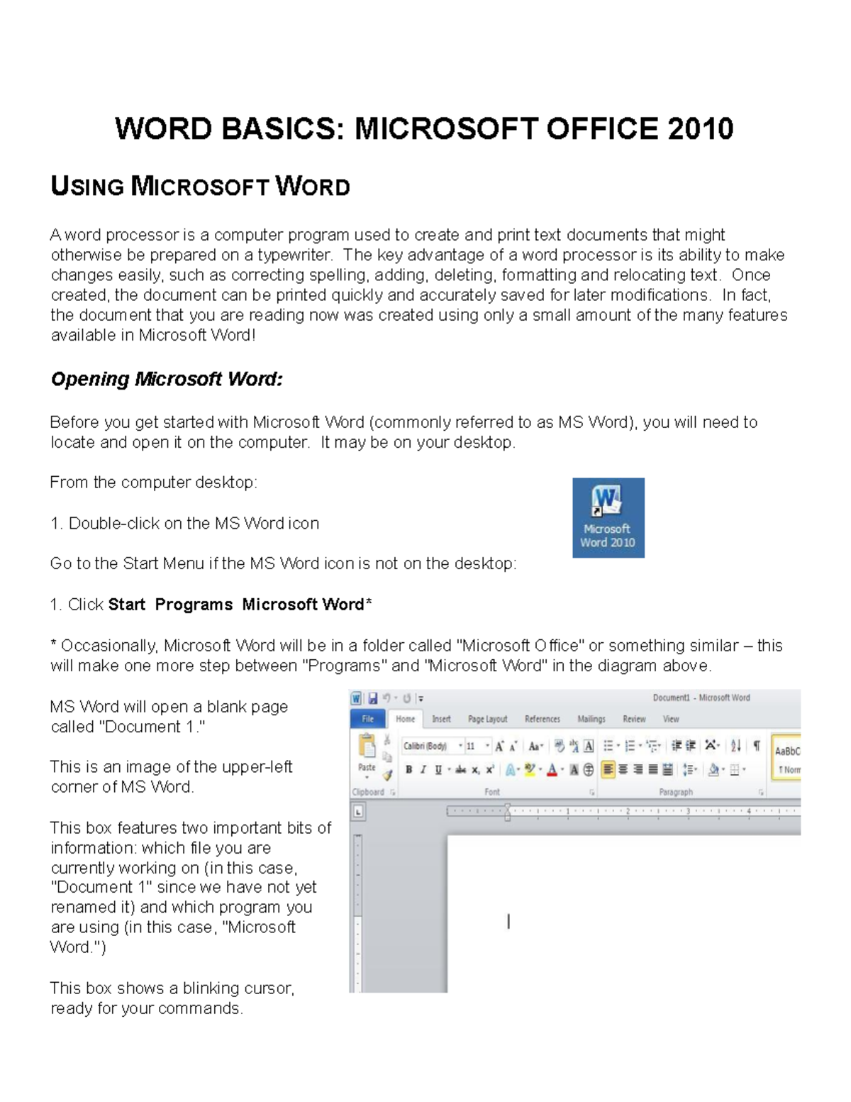 MS-Word-Basics-2010 - none - WORD BASICS: MICROSOFT OFFICE 2010 USING MICROSOFT WORD A word ...