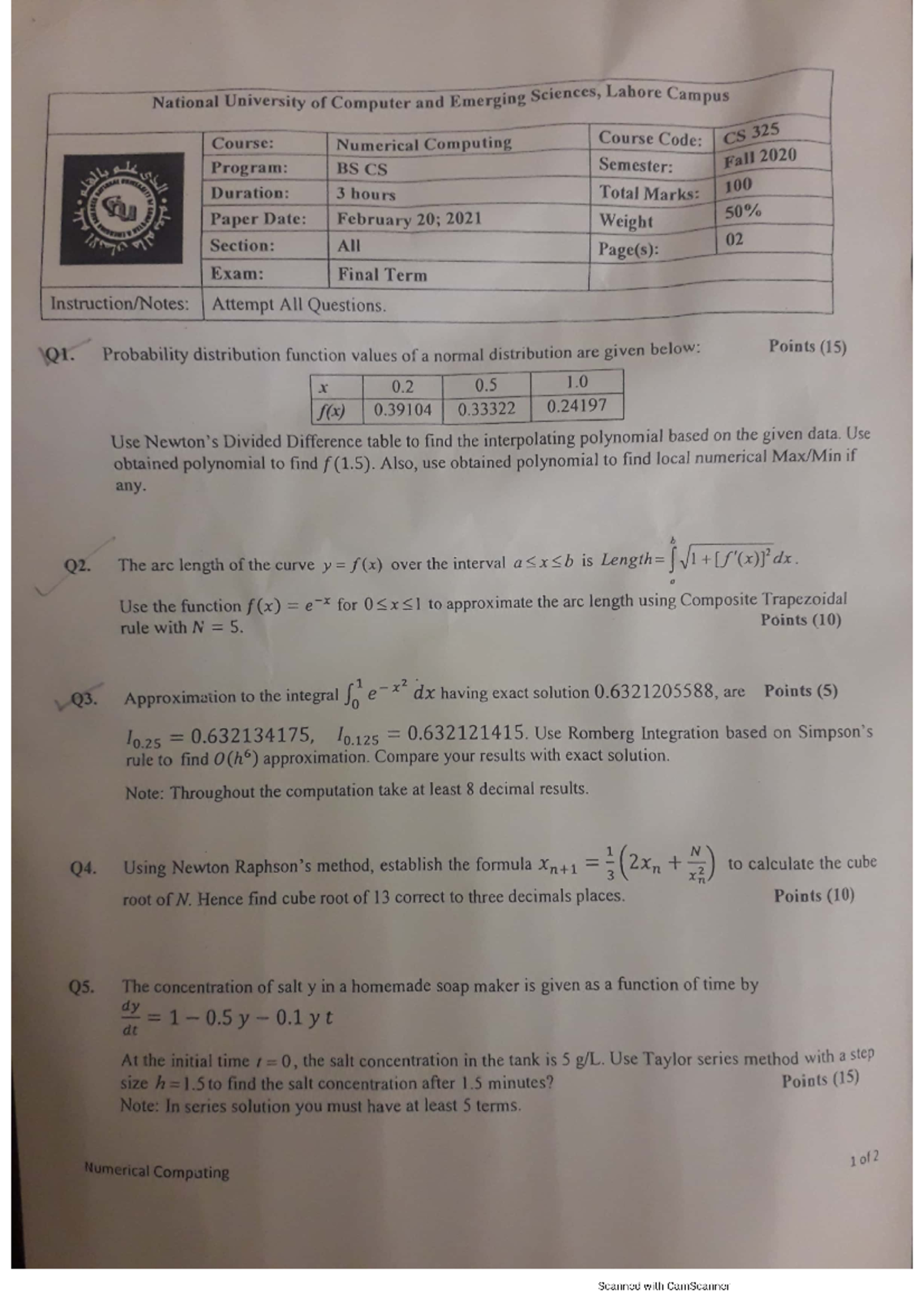 2020 - FInal - Fall - NC - None - Numerical Computing - Studocu