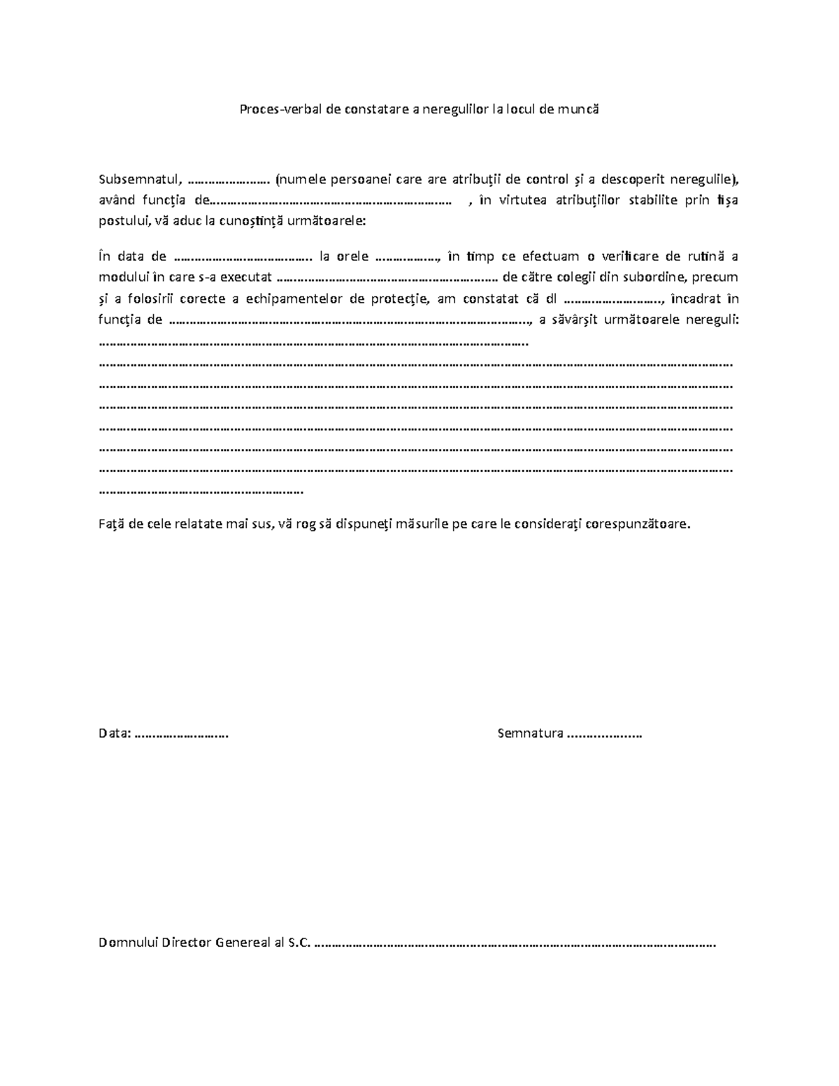 Model proces verbal - alll - Proces-verbal de constatare a neregulilor ...